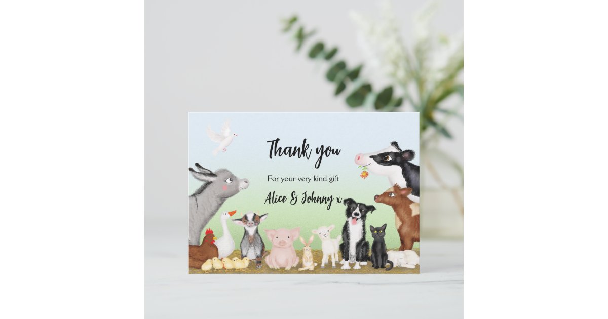 Cute farm animals thank you card (small) | Zazzle