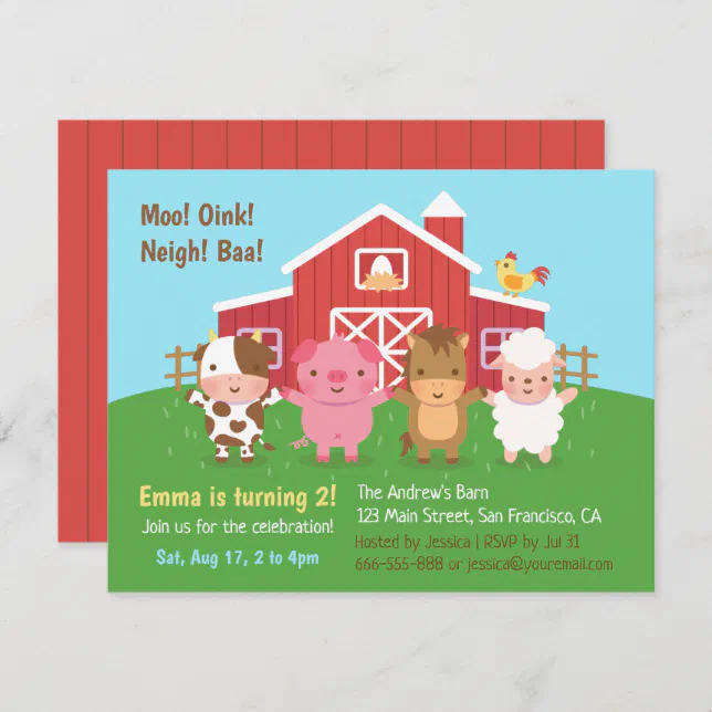 Cute Farm Barn Animals Kids Birthday Party Invitation | Zazzle