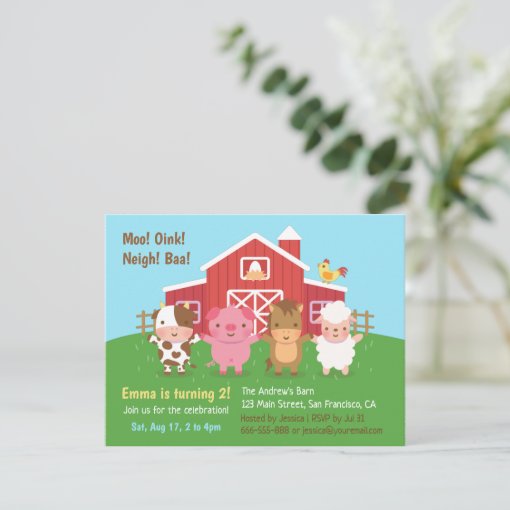Cute Farm Barn Animals Kids Birthday Party Invitation | Zazzle