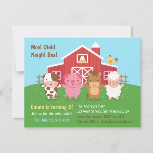 Cute Farm Barn Animals Kids Birthday Party Invitation | Zazzle