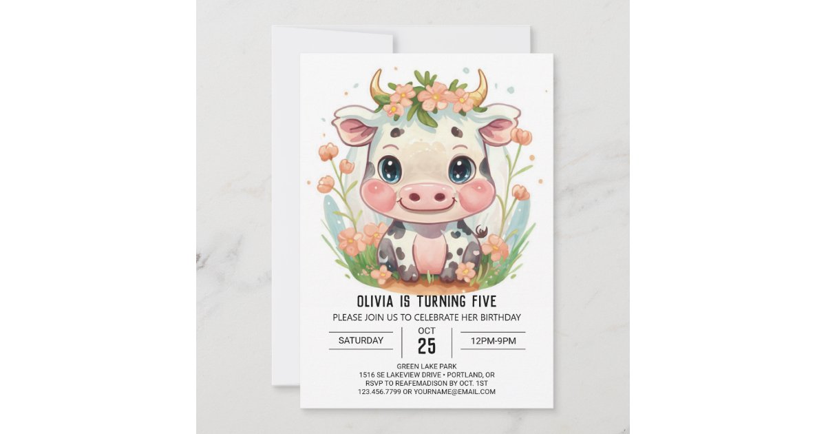 Cute Farm Girly Cow Birthday Invitation | Zazzle
