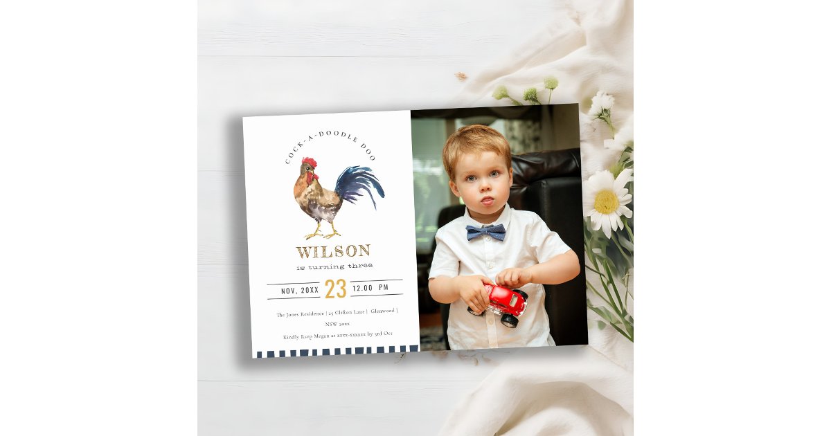 Cute Farm Rooster Watercolor Photo Birthday Invite | Zazzle
