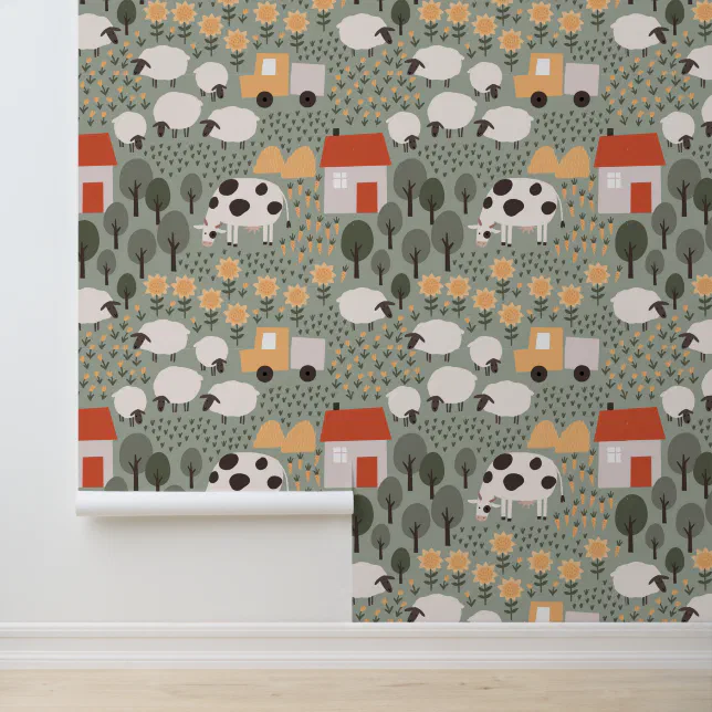Cute Farm Scene Pattern Wallpaper | Zazzle