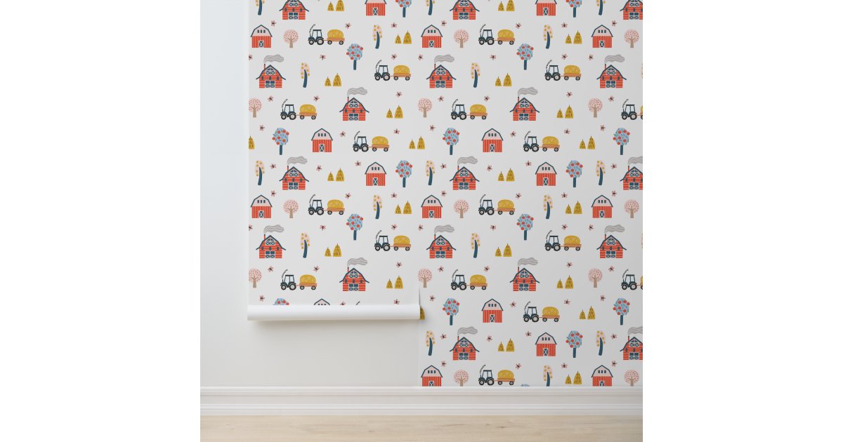Cute Farm Tractor Red Barn Kids Pattern Wallpaper | Zazzle
