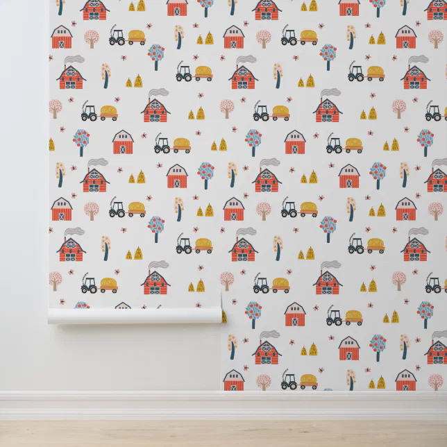 Cute Farm Tractor Red Barn Kids Pattern Wallpaper | Zazzle