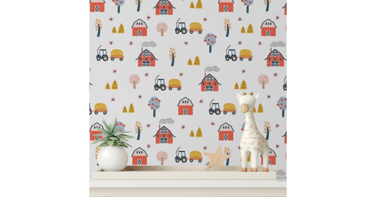 Cute Farm Tractor Red Barn Kids Pattern Wallpaper | Zazzle