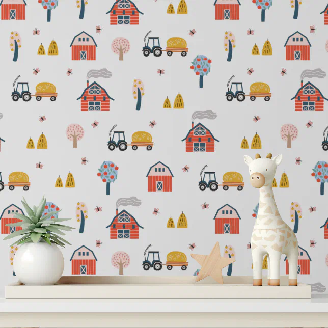 Cute Farm Tractor Red Barn Kids Pattern Wallpaper | Zazzle