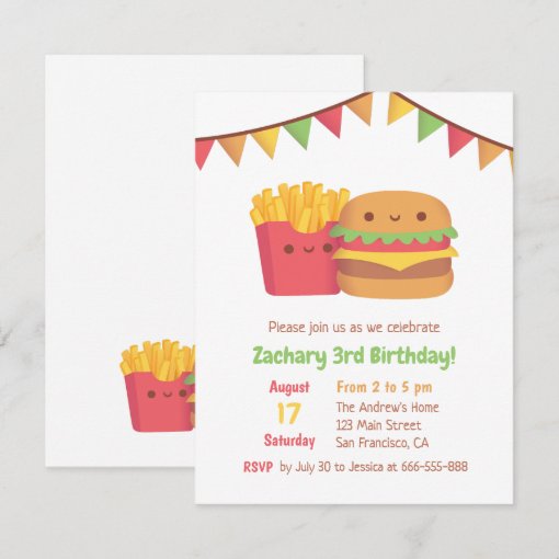 Cute Fast Food Fries and Burger Birthday Party Invitation | Zazzle