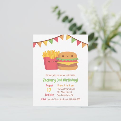 Cute Fast Food Fries and Burger Birthday Party Invitation | Zazzle