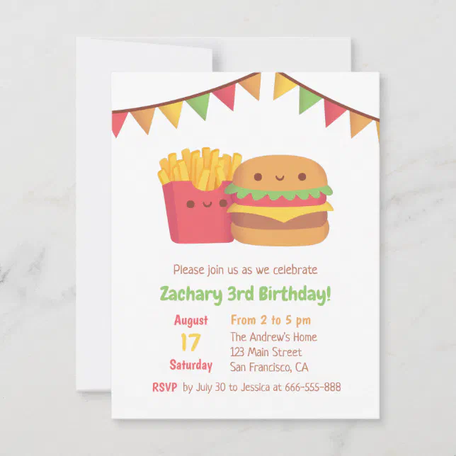 Cute Fast Food Fries and Burger Birthday Party Invitation | Zazzle