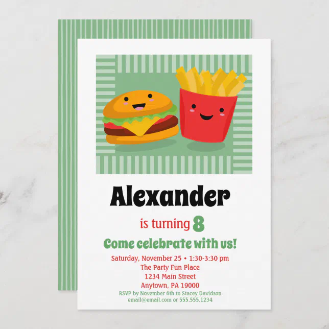 Cute Fast Food Hamburger Fries Birthday Invitation | Zazzle