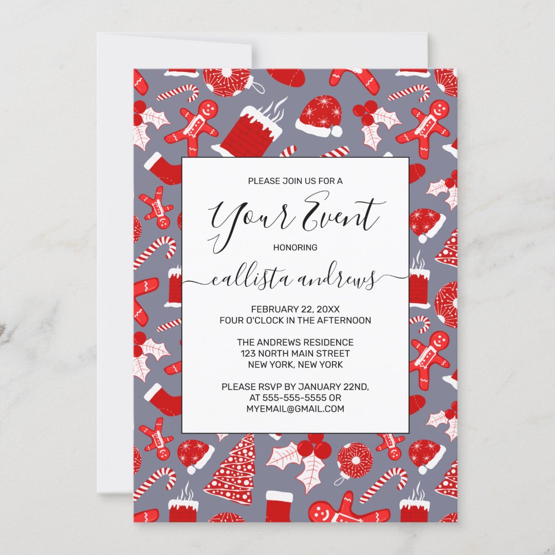 Cute Festive Red Illustrations Christmas Pattern Invitation | Zazzle