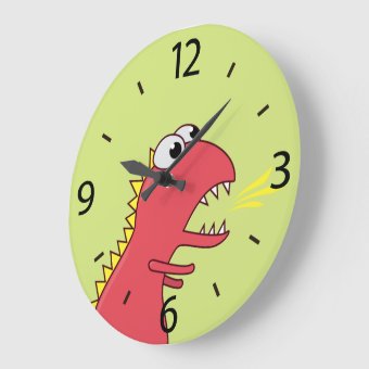 Cute Fire Breath Cartoon T-Rex Dinosaur Kids Large Clock | Zazzle
