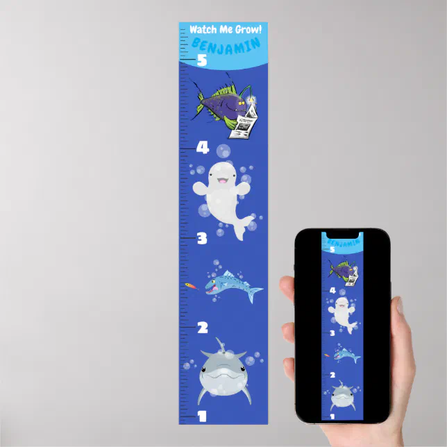 Cute fish sea creatures cartoon growth chart | Zazzle