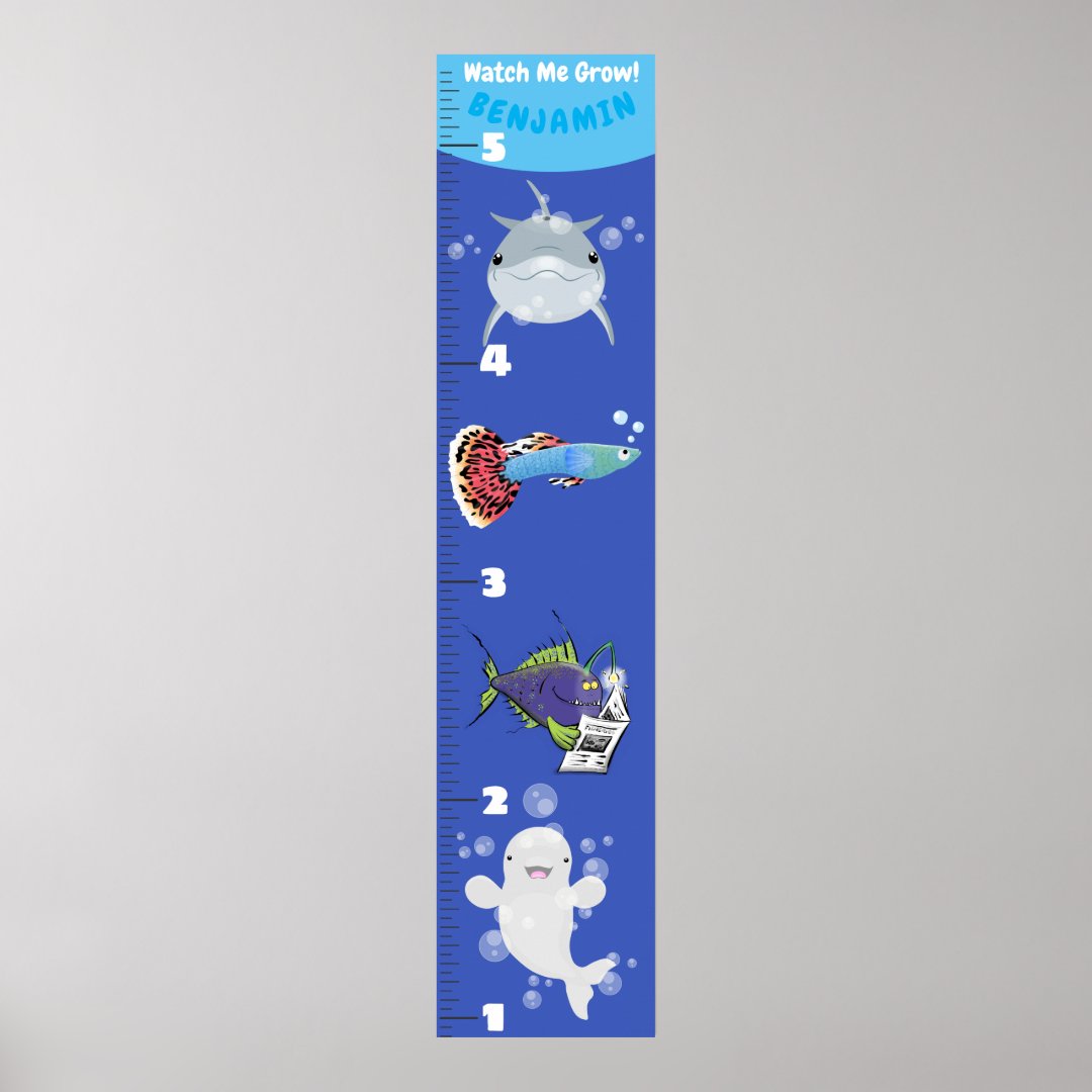 Cute fish sea creatures cartoon growth chart | Zazzle