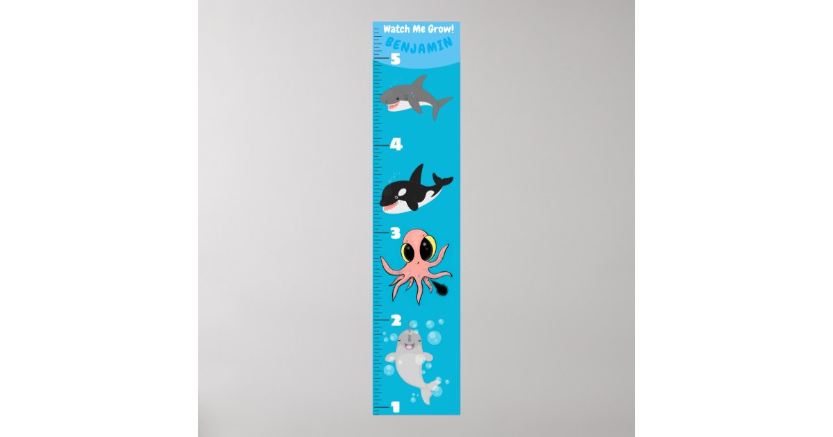 Cute fish sea creatures cartoon growth chart | Zazzle