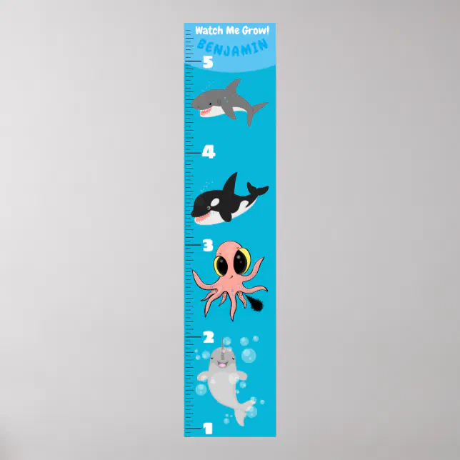 Cute fish sea creatures cartoon growth chart | Zazzle