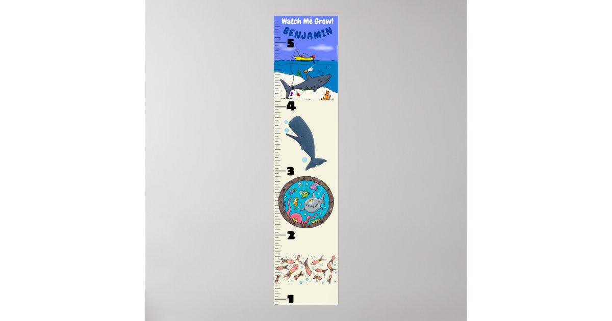 Cute fish sea creatures cartoon growth chart | Zazzle