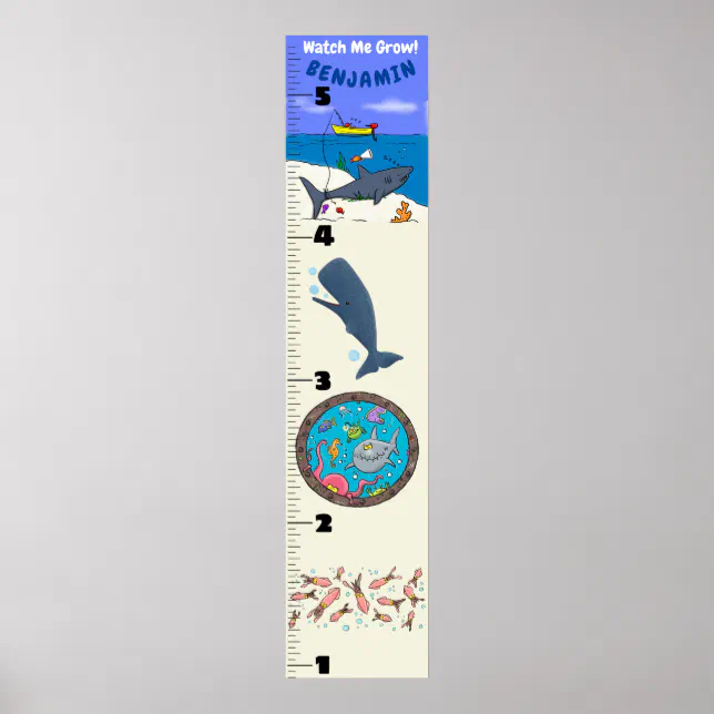Cute fish sea creatures cartoon growth chart | Zazzle