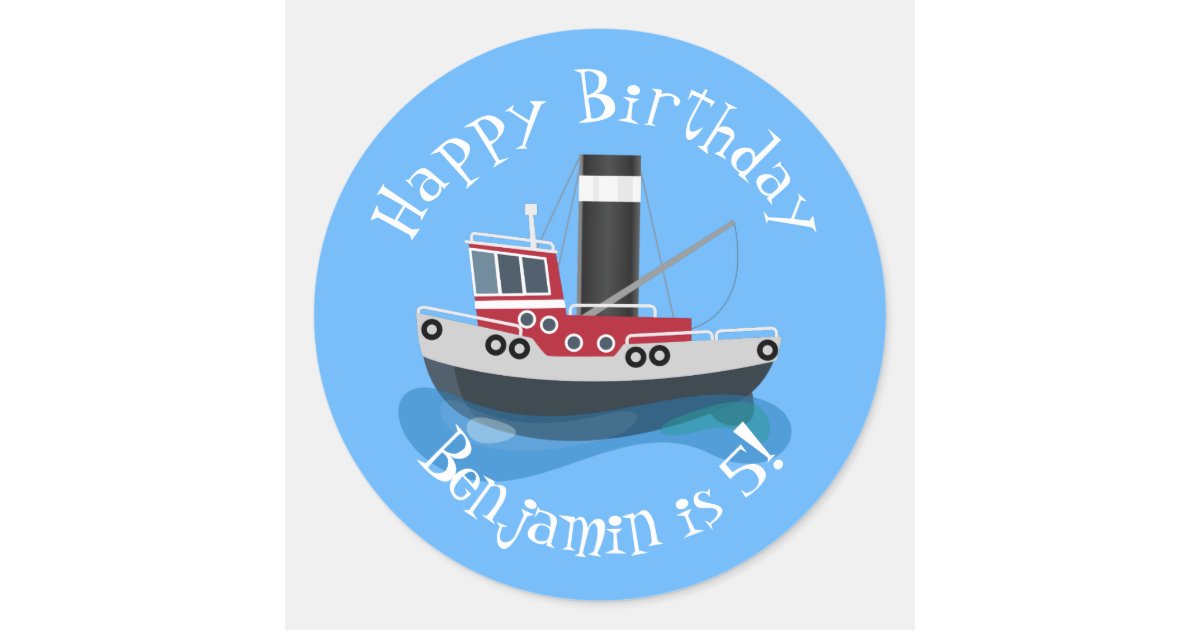 Cute fishing trawler boat cartoon illustration classic round sticker ...