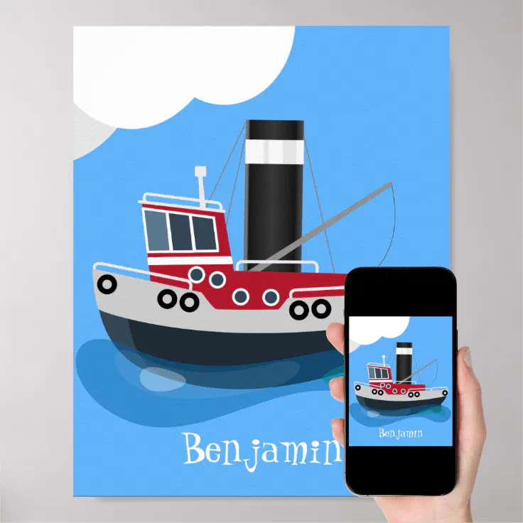 Cute fishing trawler boat cartoon illustration poster | Zazzle