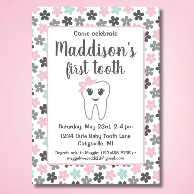Cute Floral Baby Girl's First Tooth Party Invitation | Zazzle