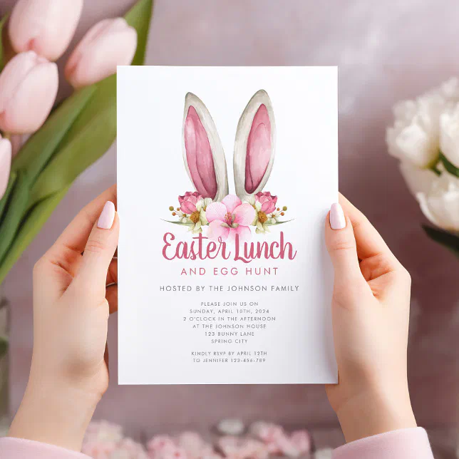Cute Floral Bunny Ears Easter Lunch Invitation | Zazzle