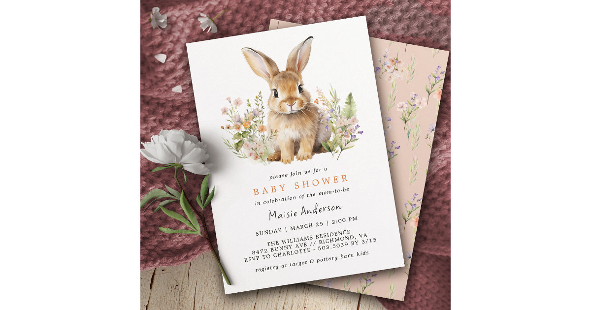 Cute Floral Bunny | Rabbit Spring Baby Shower Invitation | Zazzle