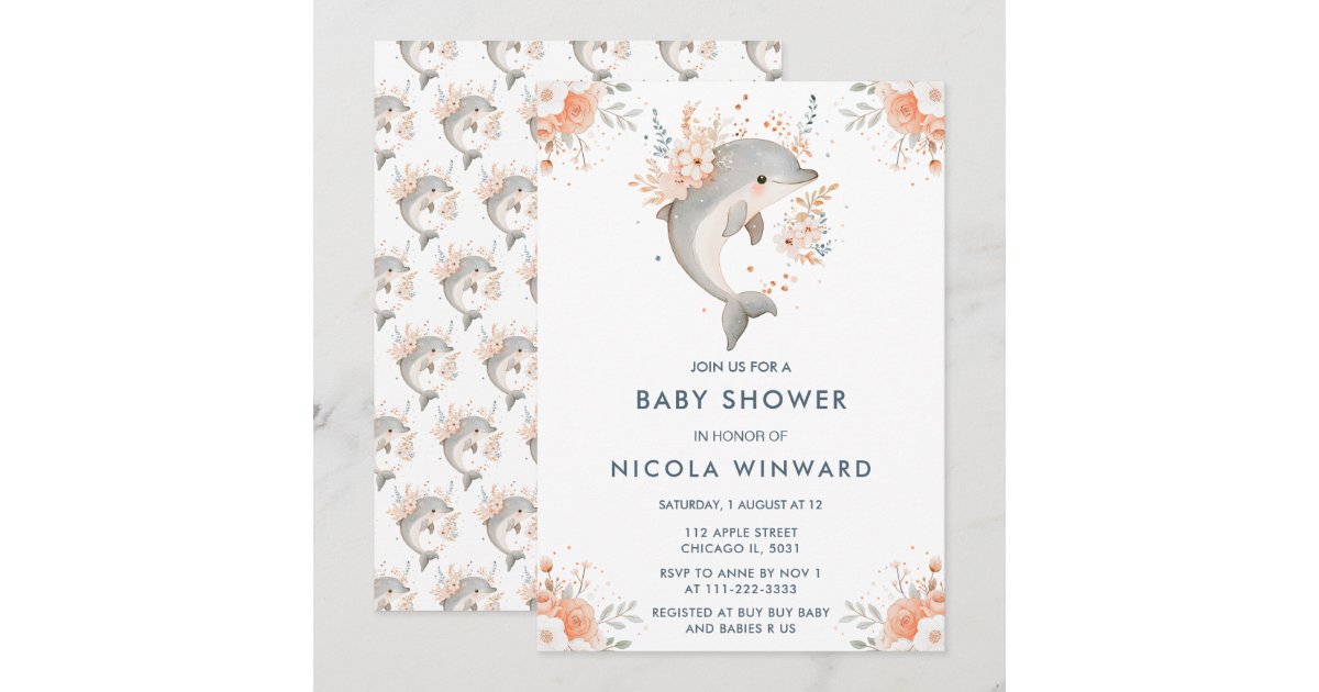 Cute Floral Dolphin Baby Shower Invitation | Zazzle