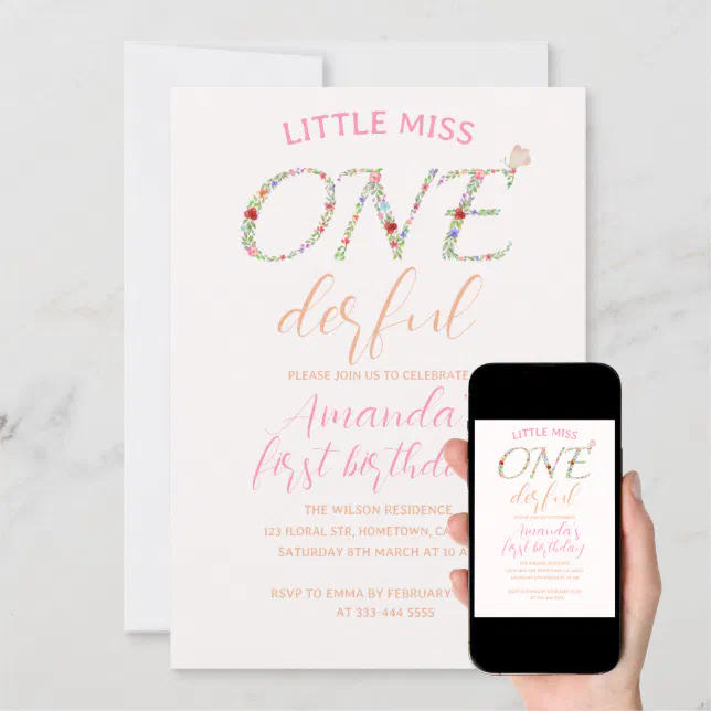 Cute Floral First Birthday Little Miss ONE Derful Invitation | Zazzle