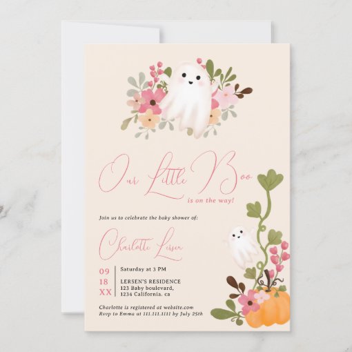 Cute floral ghost pumpkin little boo baby shower invitation | Zazzle
