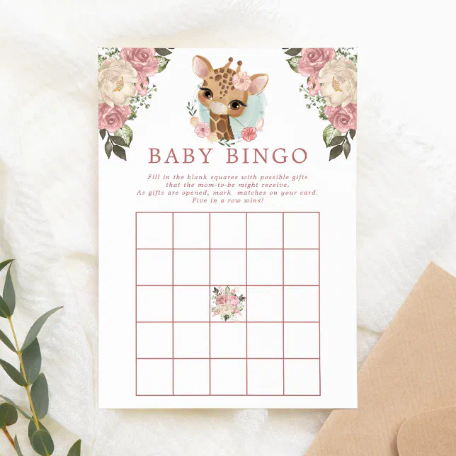 Cute Floral Giraffe Baby Shower Bingo Game Invitation | Zazzle