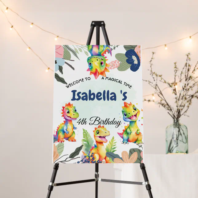 Cute Floral Rainbow Dinosaur Happy Birthday Party Foam Board | Zazzle