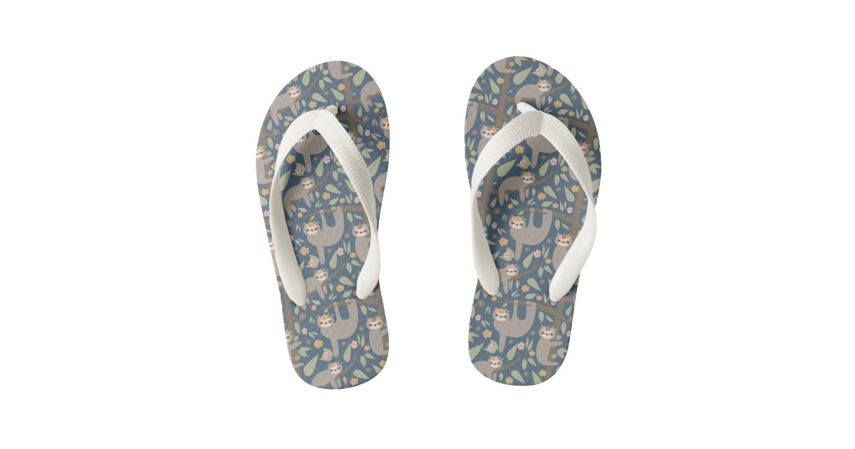 Cute Floral Sloth Pattern Kid's Flip Flops | Zazzle