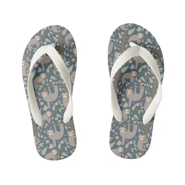 Cute Floral Sloth Pattern Kid's Flip Flops | Zazzle
