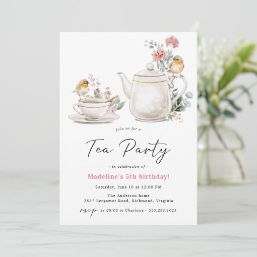 Cute Floral Teapot | Girl's Tea Party Birthday Invitation | Zazzle