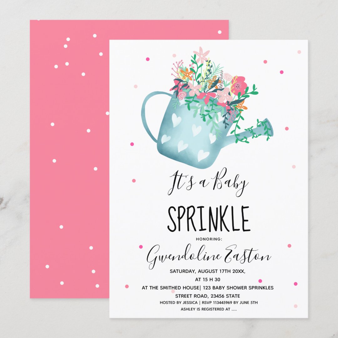 Cute floral watering can pink baby sprinkle shower invitation | Zazzle