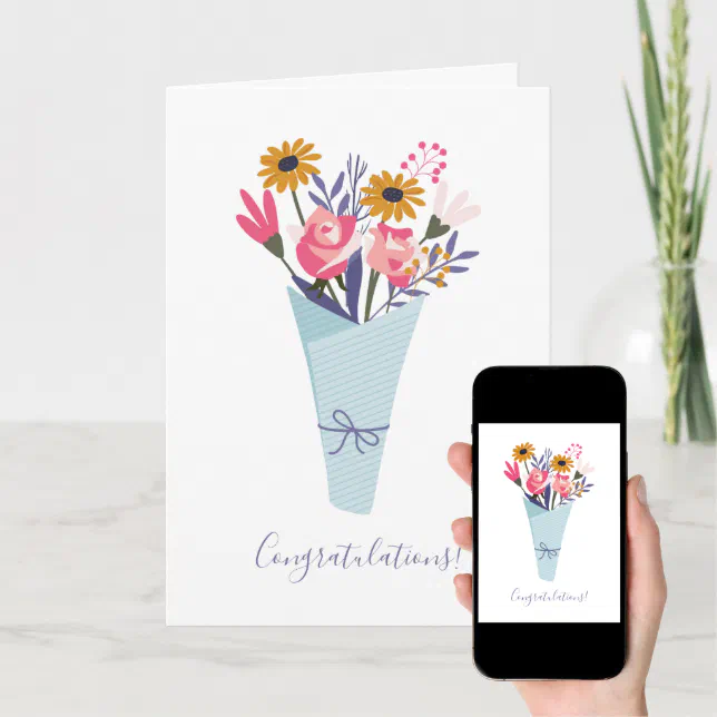 Cute Flower Bouquet Minimalist Blue Congratulation Card | Zazzle