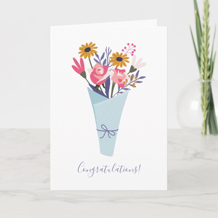 Cute Flower Bouquet Minimalist Blue Congratulation Card | Zazzle