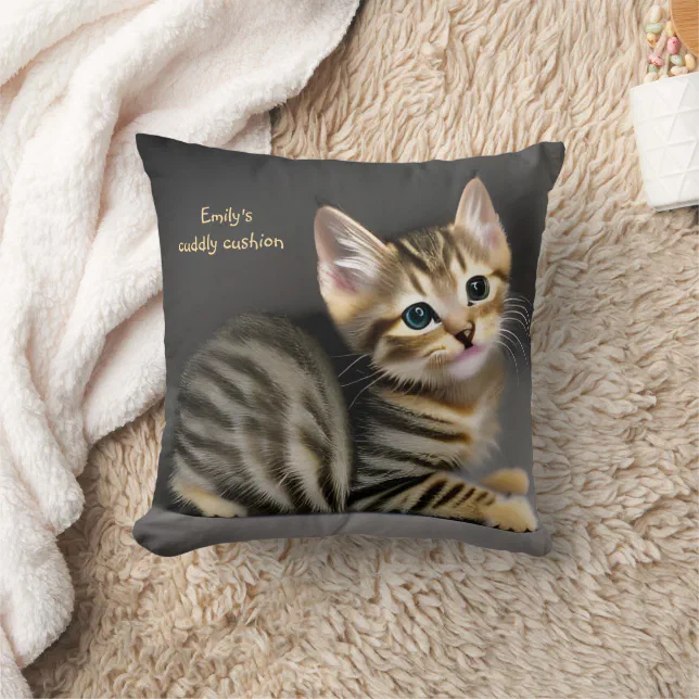 Cute fluffy tabby cat baby throw pillow | Zazzle