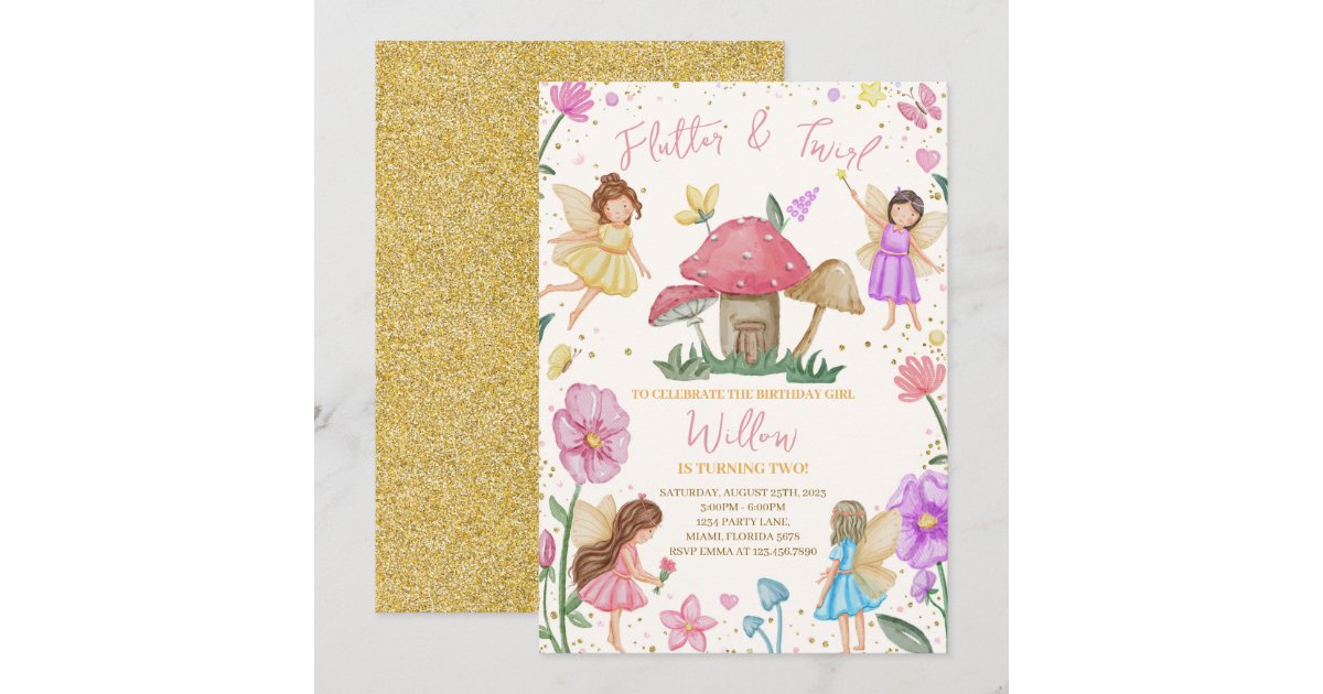 Cute Flutter and Twirl Fairy Birthday Invitation | Zazzle