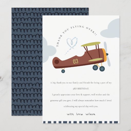 Cute Fly Over Airplane Cloud Blue Heart Birthday Thank You Card | Zazzle