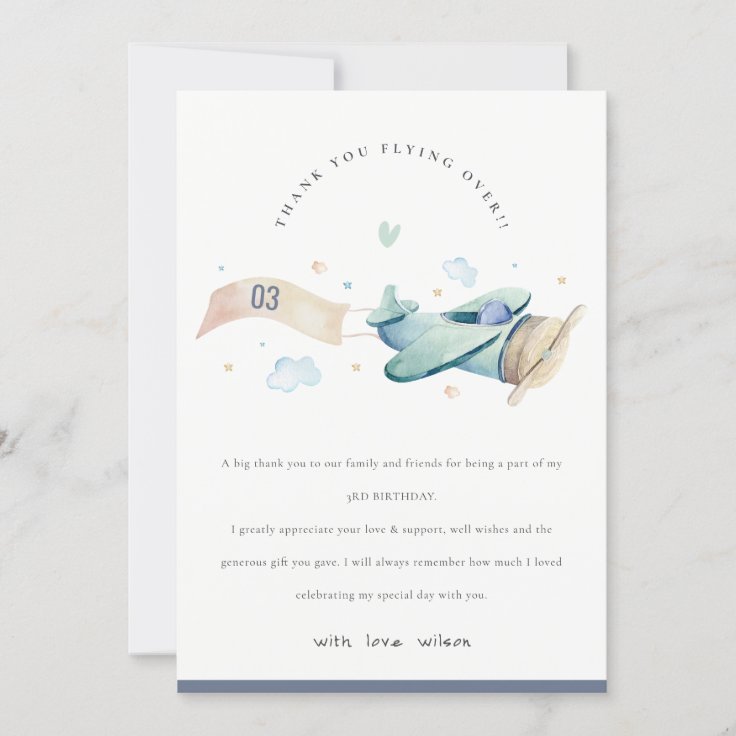 Cute Fly Over Airplane Cloud Blue Heart Birthday Thank You Card | Zazzle