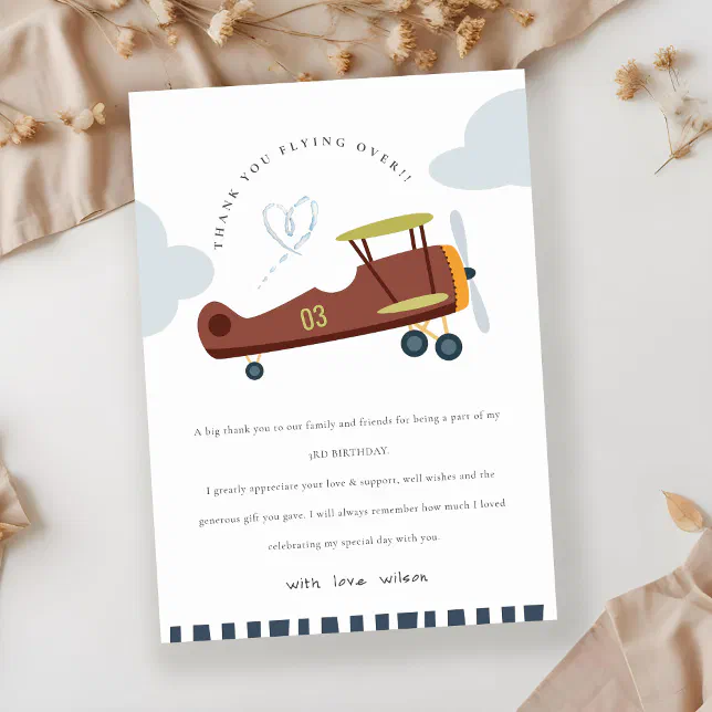 Cute Fly Over Airplane Cloud Blue Heart Birthday Thank You Card | Zazzle