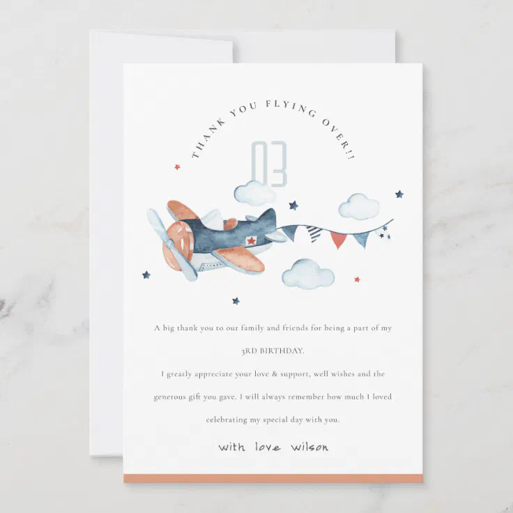 Cute Fly Over Rust Navy Plane Cloud Stars Birthday Thank You Card | Zazzle