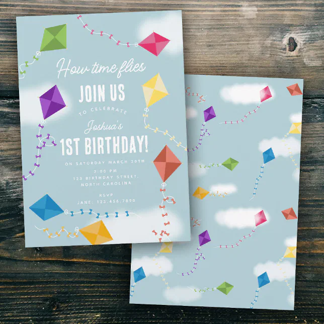 Cute Flying Kites Kids How Time Flies Birthday Invitation | Zazzle
