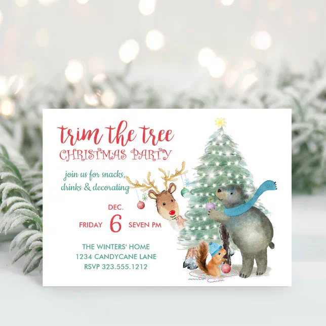 Cute Forest Friends Tree Trimming Christmas Party Invitation | Zazzle