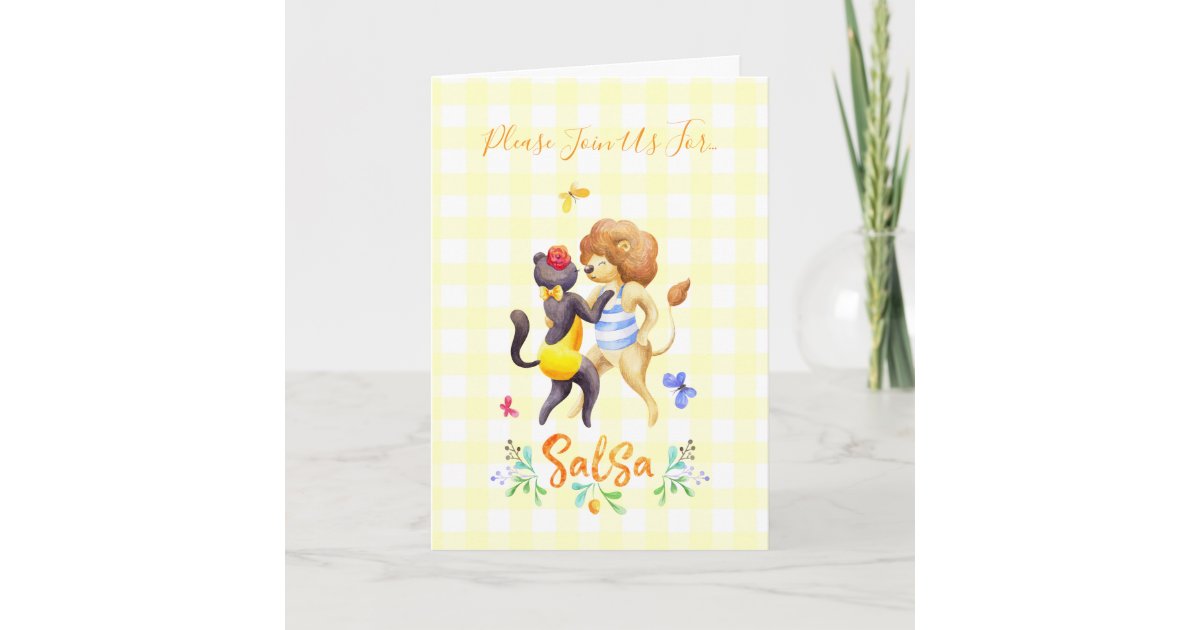 Cute Forest Lions Dancing Salsa Yellow Gingham Invitation | Zazzle