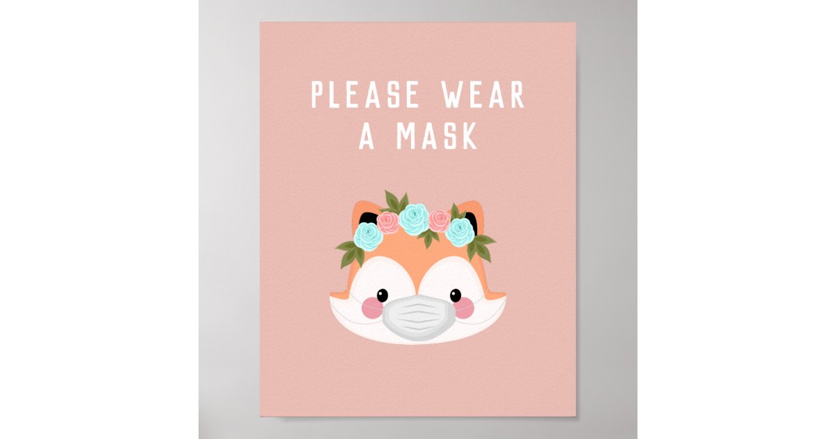 Cute Fox Character Floral Wear A Mask Pink Covid Poster | Zazzle