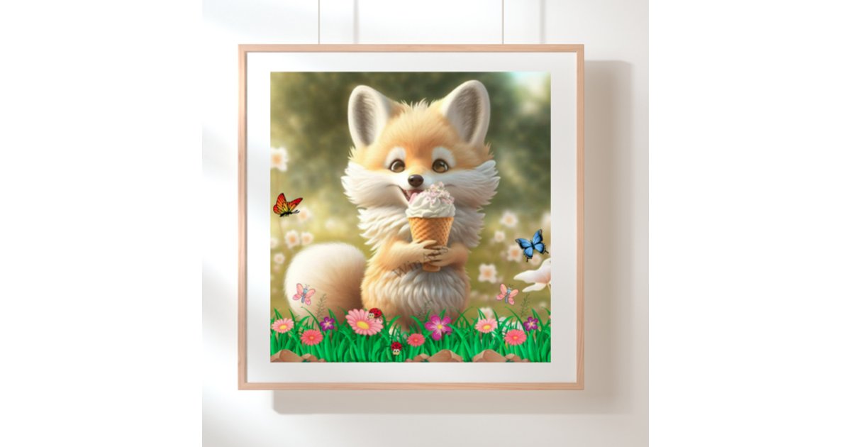 Cute Fox eating an Icecream in a Garden Art Poster | Zazzle
